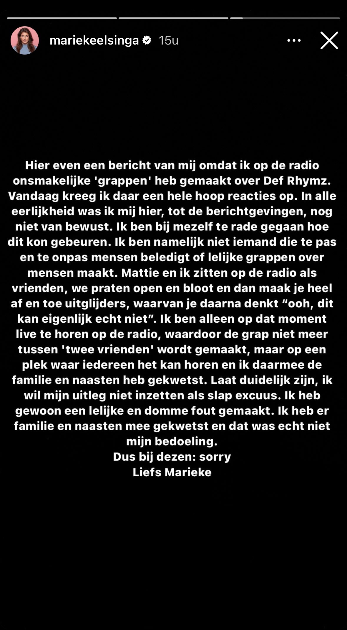 Marieke Elsinga zegt sorry voor grap over Def Rhymz: 'Dom' | Flair